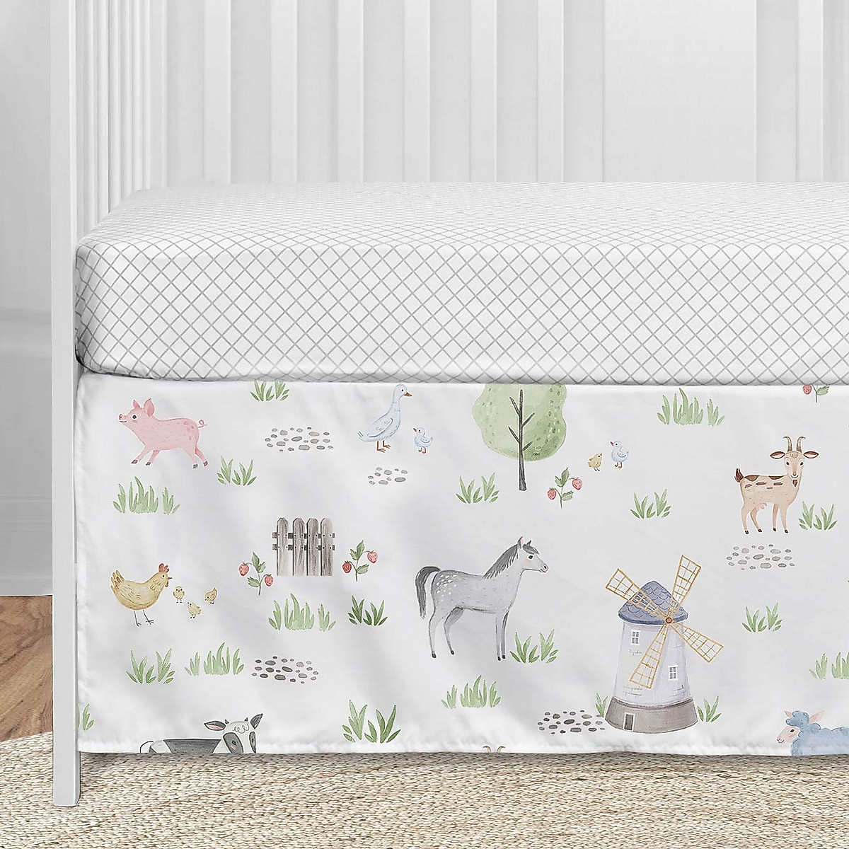 Sweet Jojo Designs Farm Animals Baby Boy or Girl Nursery Crib Bedding Set - 11 Pieces - Watercolor Farmhouse Lattice Horse Cow Sheep Pig