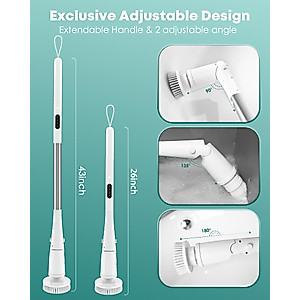 Electric Spin Scrubber, TRAJADA Shower Cleaning Brush with 5 Replacement Heads,3 Adjustable Angle Shower Scrubber,Cordless Power Scrub with Extension Handle for Cleaning Bathtub Grout Tile Floor