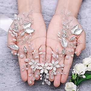 Unicra Bride Flower Wedding Hair Vine Leaf Silver Bridal Hair Piece Pearls Hair Accessories for Women and Girls