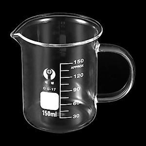 PATIKIL 150ml Glass Beaker with Handle, 3.3 Borosilicate Glass Graduated Printed Scale Measuring Cups with Spout for Kitchen Lab Liquids