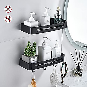 Black Shower Caddy, Metal Shower Shelf Wall Mounted Bathroom Shelves with Hooks, Shower Organizer for Shampoo, Bathroom Wall Storage Basket, No Drilling, Antirust (2 Tiers)