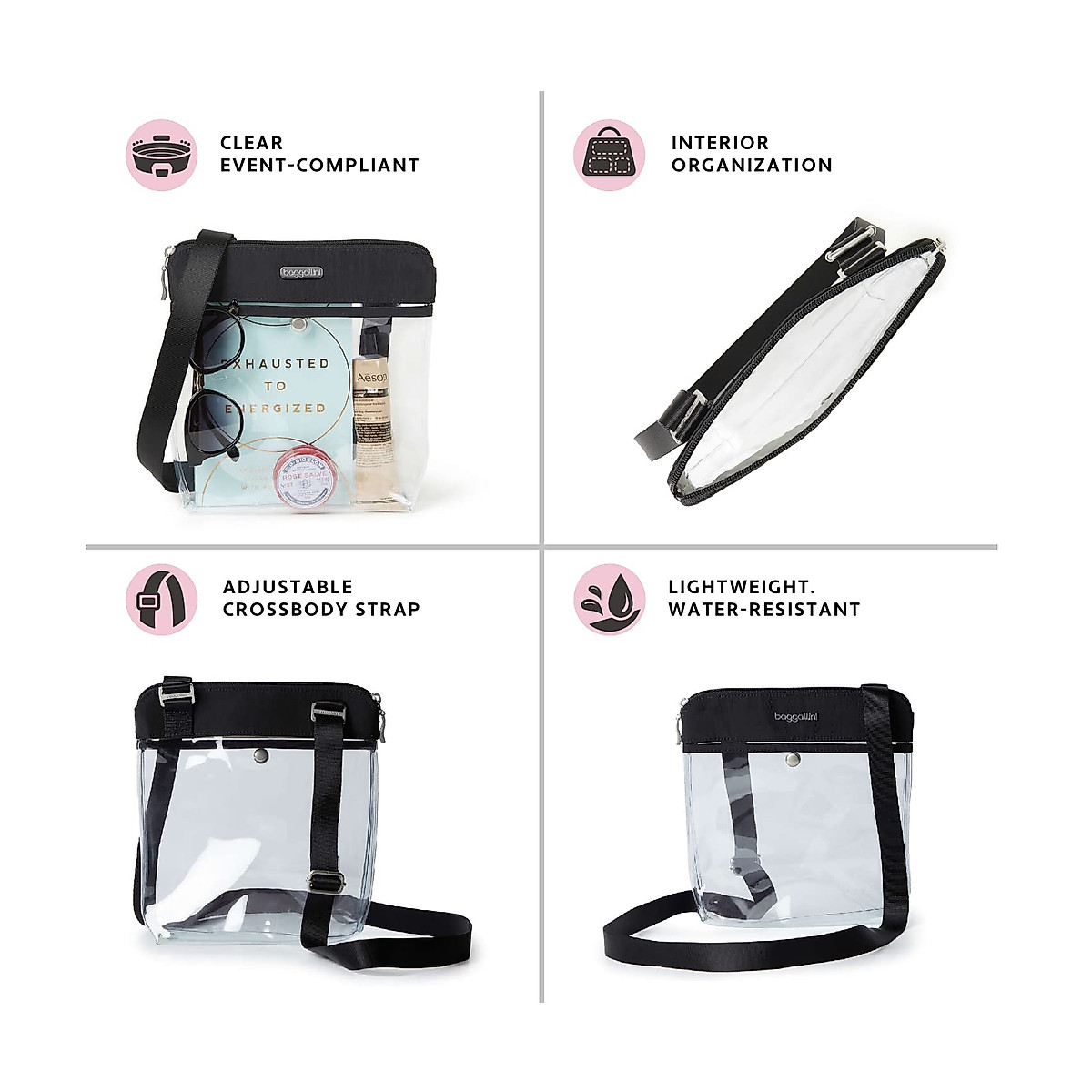 Baggallini womens Stadium Clear Pocket Crossbody, Charcoal, One Size