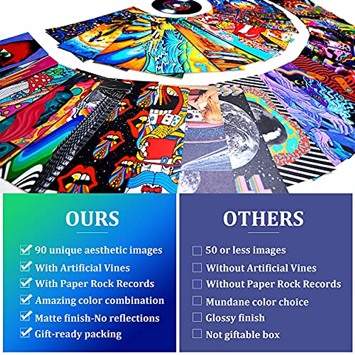 HODYUN 100PCS Wall Collage Kit Indie Aesthetic Pictures Posters Records Artificial Vines, Hippie Trippy Wall Collage Kit for Prints Pictures, Wall Art Print for Room, Dorm Photo Display, VSCO Poster for Bedroom