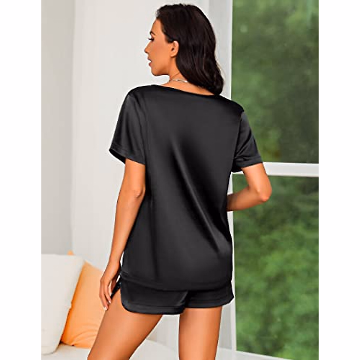 Litherday Silk Pjs For Women Set 2 Piece Pajama Shorts Set Soft V Neck Sleepwear Satin Lounge Set Outfits Classic Nightwear Black Large