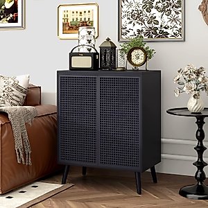 JZXSHD Metal Rattan Accent Cabinet - 2 Door Buffet Storage for Kitchen, Living Room and Hallway, Black