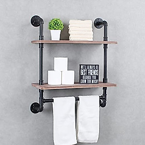OUBITO Rustic Floating Shelf,Industrial Pipe Shelving,24inch Bathroom Shelves Wall Mounted with Towel bar,Metal Wall Shelf,2 Tier Towel Rack,Floating Shelves,Black