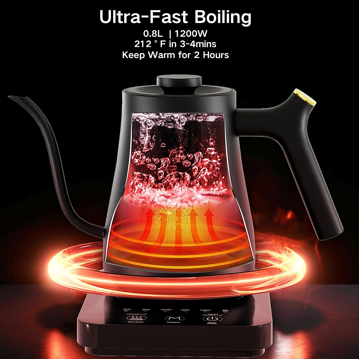 Electric Kettle with 5 Variable Presets,1200W Pour Over Coffee Kettle for Coffee & Tea, 27Oz Gooseneck Water Heater Electric with Auto Shutoff Boil-Dry Protection, 0.8L, Black