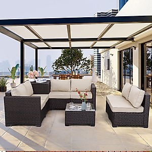 WAROOM Patio PE Wicker Furniture Set 6 Piece Outdoor Brown Rattan Sectional Loveseat Couch Conversation Sofa Chair with Storage Box and Glass Top Coffee Table, Non-Slip Khaki Cushion