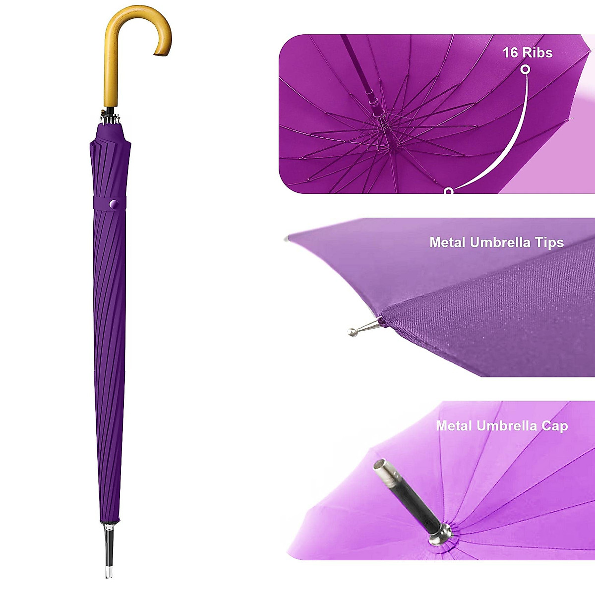 MRTLLOA 52 Inch Windproof Large Umbrellas for Rain, 16 Ribs, J Wooden Handle, 210T High-density Fabric Golf Stick Umbrella(52 Inch, Purple)