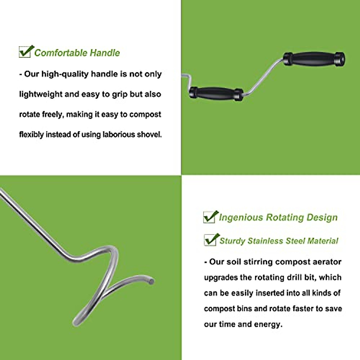 Compost Aerator Tool, Compost Turner and Mixing Tool for Outdoor Composting, Stainless Steel Manual Compost Bin Aerator Rotating Aerator Soil Tiller