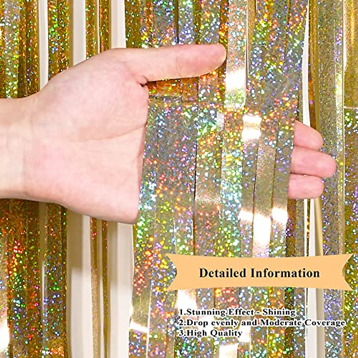 PartyBySam Gold Party Backdrop, Golden Foil Fringe Curtains for Birthday Halloween Party Decorations, Wall Door Hanging Streamers for Graduation, New Year Party Background (3 Pack 3.2Ft x 8.2Ft)