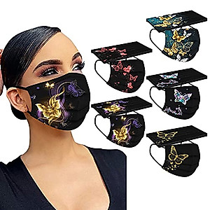 PAXOSTRO 50Pc Disposable Black Face_Masks with Colorful Butterfly Printed Designs for Adult, 3-ply Face Breathable Filter Protective (Multicolor5)