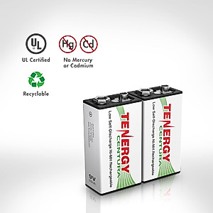 Tenergy Centura 9V NIMH Rechargeable Batteries, 200mAh Low Self-Discharge Square Battery for Smoke Alarm/Detector, 2 Pack