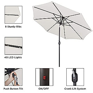 Patio Watcher 9 Feet Solar Umbrella 40 LED Lighted Patio Umbrella Outdoor Umbrella with Push Button Tilt and Crank, 8 Steel Ribs, Light Beige
