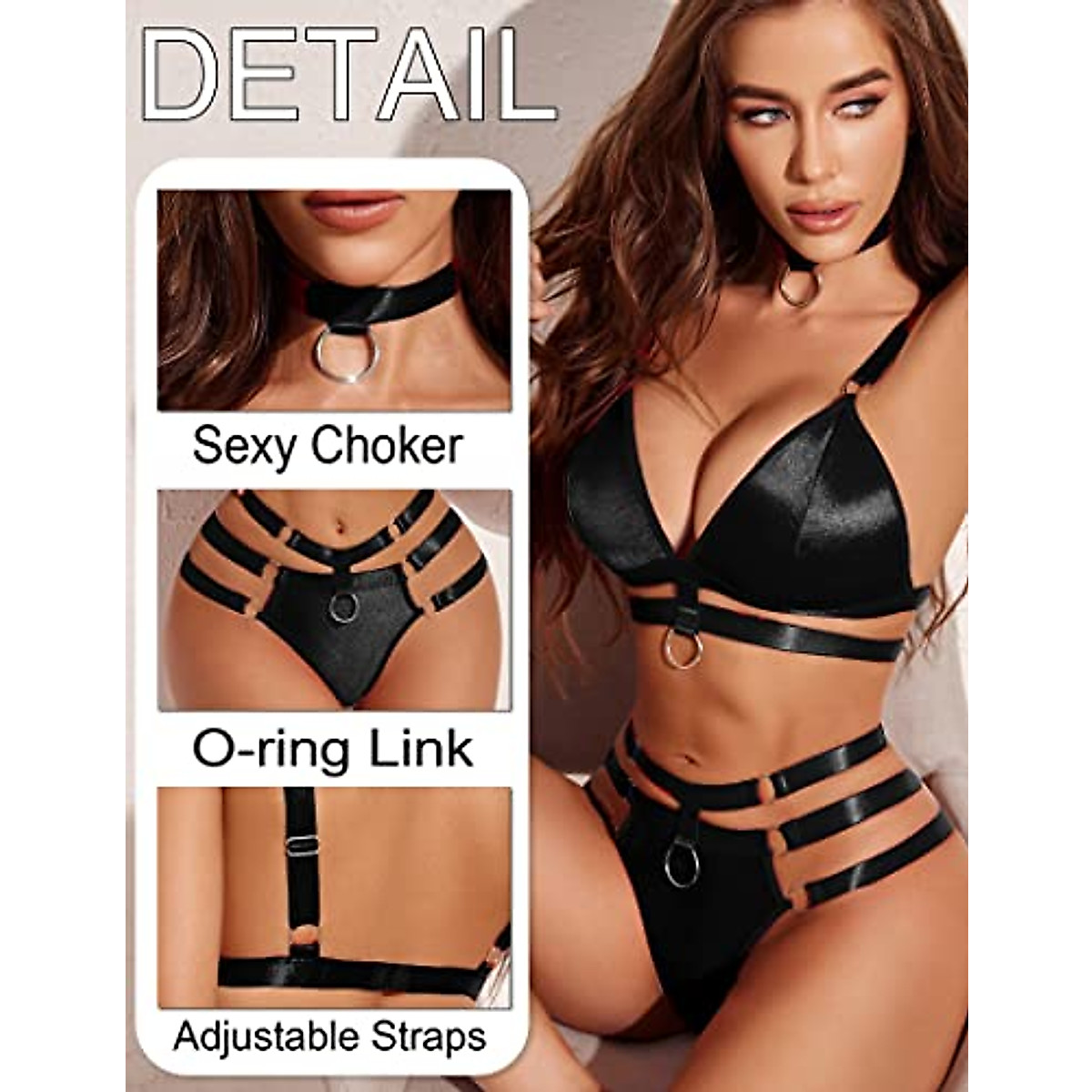 Avidlove Lingerie Set for Women Sexy Ring Linked Choker Bra and Panty Sets for Women Black X-large