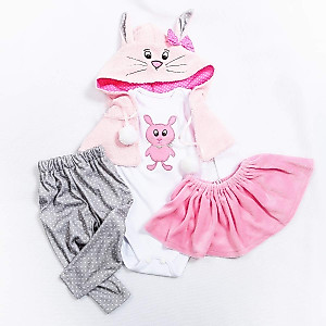 Reborn Baby Doll Clothes fit 16-18 Inch Reborn Dolls Girl Cute Pink Rabbit Thick Coat Dolls Clothes Outfits Set 4 Pieces of Pack