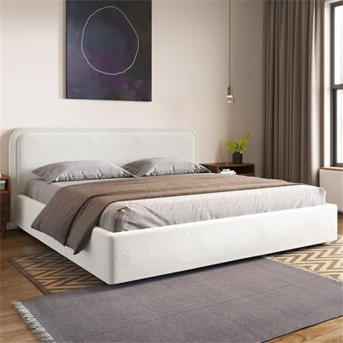 Omax Decor Chloe Upholstered Platform Bed | Box Spring Not Required | (White Boucle, King Bed Frame)