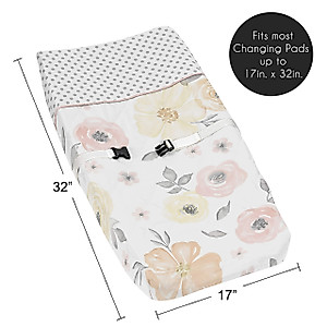 Sweet Jojo Designs Yellow and Pink Watercolor Floral Girl Baby Nursery Changing Pad Cover - Blush Peach Orange Cream Grey and White Shabby Chic Rose Flower Farmhouse Polka Dot
