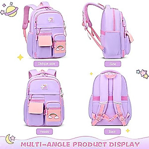 Backpacks for Girls School Kids Backpack Bookbags with Insulated Lunch Box Set for School Elementary Girl, Tie Dye School Bag with Compartments 16 * 11.5 * 7.5, Solid Purple