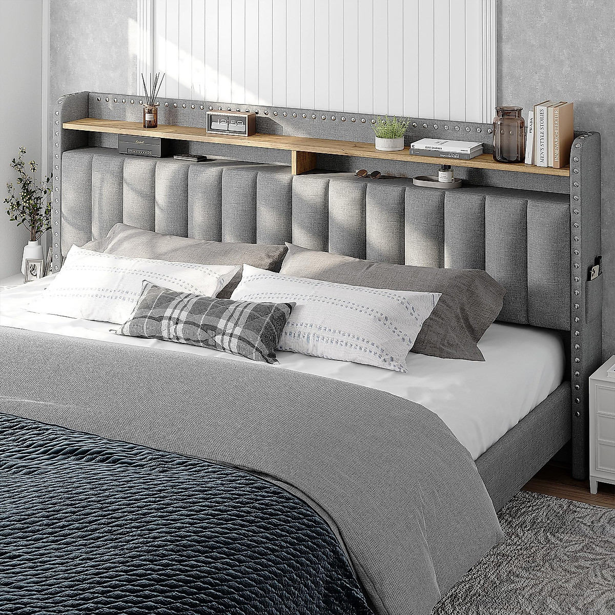 EnHomee King Size Bed Frame with Storage and Headboard, Upholstered King Bed Frame with Storage, Grey King Bed Frame with 2 Drawers, King Size Bed Frame with Storage, NO Noise,No Box Spring Needed