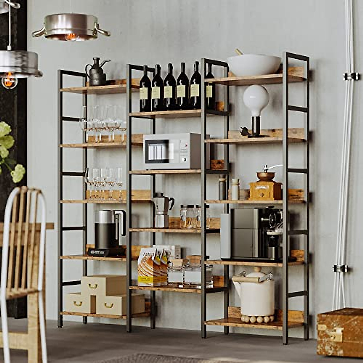 IRONCK Bookcases and Bookshelves Triple Wide 5 Tiers Industrial Bookshelf with Baffles Large Etagere Bookshelf with Metal Frame for Living Room Home Office