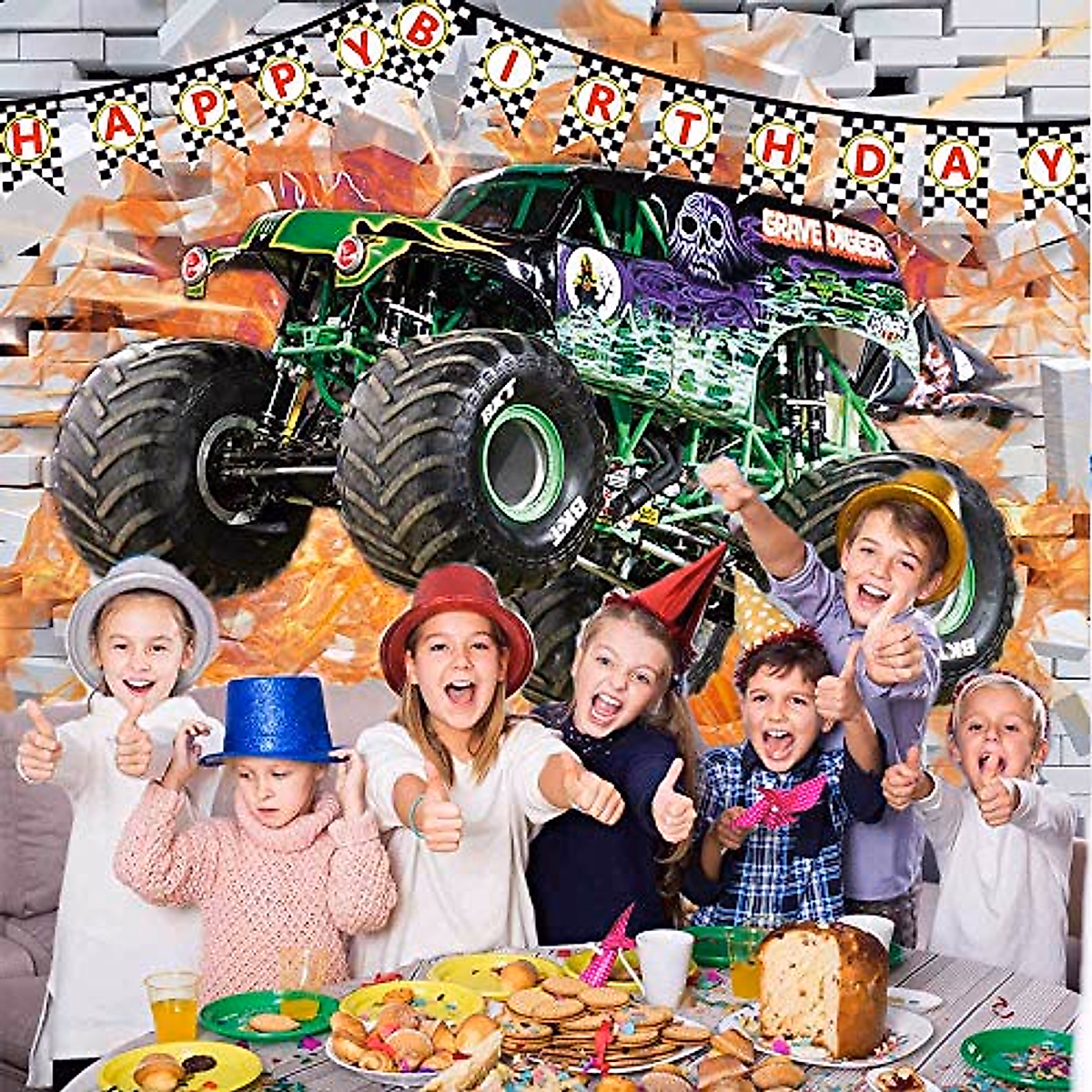 QUEENMO Monster Truck Backdrop Birthday Party Backdrop Racing Cars Grave Digger Checkered Flag Photography Background for Baby Boy Cake Table Decorations Banner Photo Booth Props Supplies
