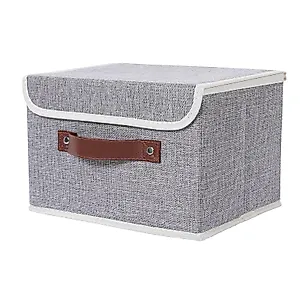 Lucky Monet Collapsible Storage Bins with Lids & PU Leather Handles - PP Plastic Board Washable Linen Fabric Storage Box, Foldable Storage Cubes for Organizing Home Bedroom Closet Office (Large, Gray)