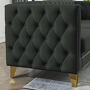 L Shaped Couches for Living Room, Modern Button Tufted Velvet Sofa Couch with Square Armrests Inlaid with Gold Nail Heads, Upholstered Corner Sofas for Living Room, Office, Apartment, Black