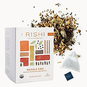 Rishi Tea Masala Chai Tea | USDA Organic Direct Trade Sachet Tea Bags, Certified Kosher Assam Black Tea Blend with Whole Spices, Energizing & Caffeinated | 15 Count (Pack of 1)