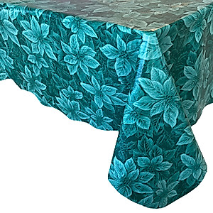 Newbridge Hunter Green Poinsettia Scroll Vinyl Christmas Tablecloth with Flannel Backing, Poinsettia and Holly Damask Look Vinyl Flannel Back Tablecloth, 60” x 102” Oblong/Rectangle