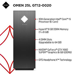 OMEN 25L Gaming Desktop PC, NVIDIA GeForce GTX 1660 Super, 10th Generation Intel Core i5-10400F Processor, HyperX 8 GB RAM, 512 GB SSD, Windows 10 Home (GT12-0020, 2020)