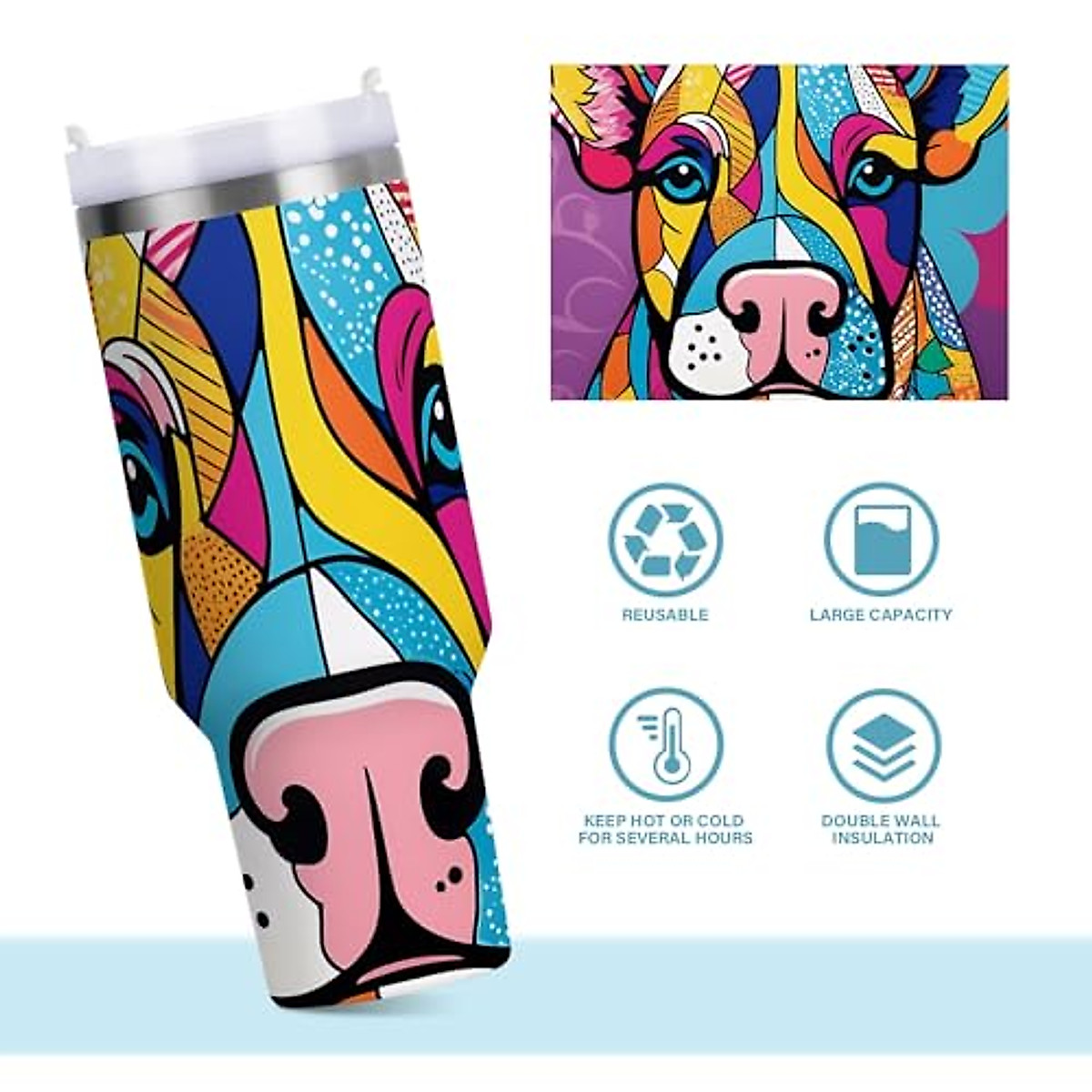 Dog Head Abstract Tumbler with Handle and Straw 30-40 Lid Cup Holder Compatible for Travel Insulated Stainless Steel Cup Food Grade PP Gifts for Him Her BPA-free