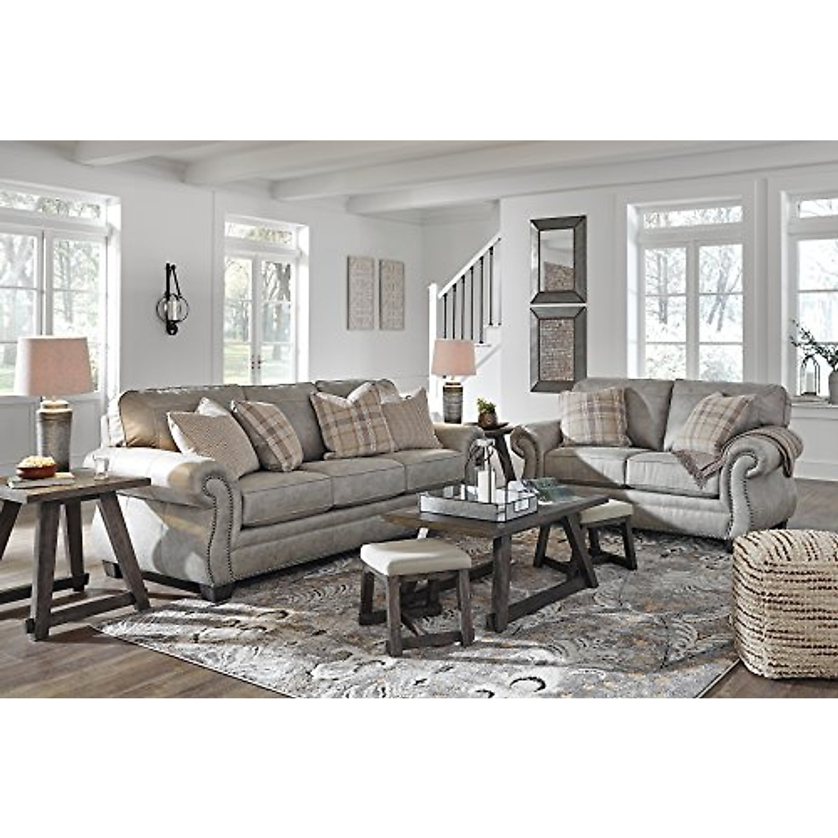 Signature Design by Ashley Olsberg Faux Leather Loveseat with Nailhead Trim and 2 Accent Pillows, Gray