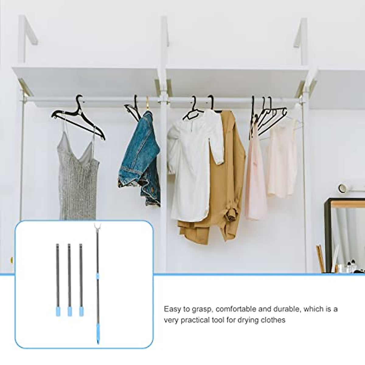 Reach Pole Hook Retractable Clothesline Prop Telescopic Handle Clothing Hook Pole Adjustable Clothesline Rod Hanger Garment Pole with Hook for Closet Shelf Ceiling