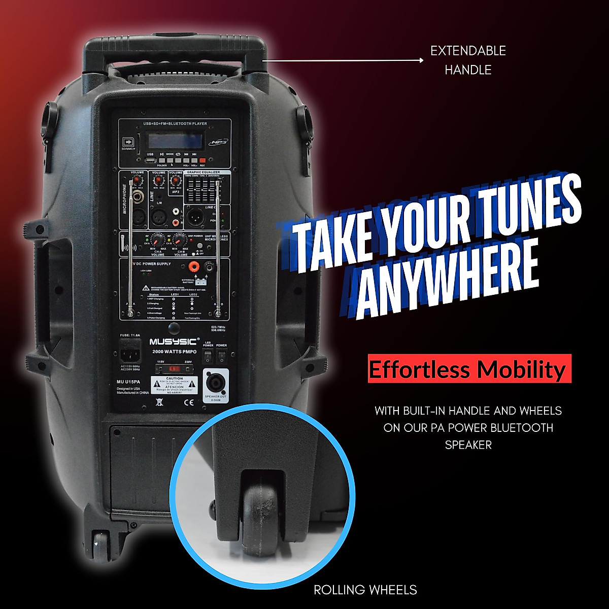 MUSYSIC PA Power Bluetooth Speaker 2000W with Dual UHF Wireless Microphones Bluetooth/FM/USB/SD PA System 15” Speaker with Rechargeable Battery MU-U15PA