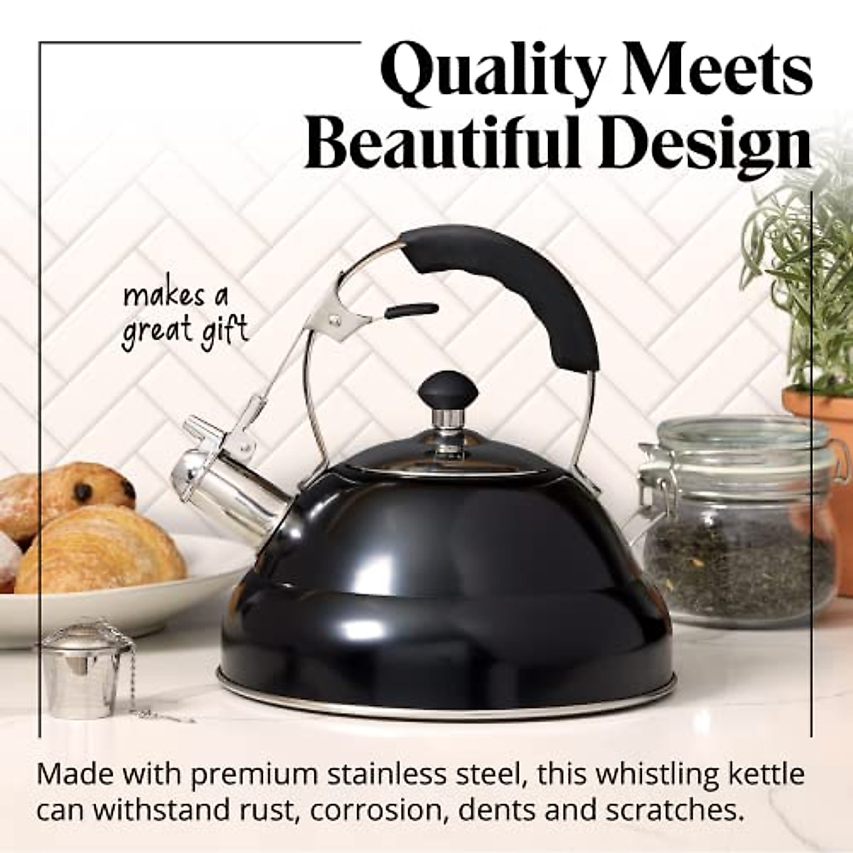 Willow & Everett Whistling Tea Kettle for Stove Top - 2.75 Quart Tea Pots for Stove Top w/Stainless Steel, Mirror Finish & Strainer