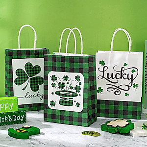 AnyDesign St. Patrick's Day Paper Bags with Handle Green Black Buffalo Plaids Shamrock Truck Gift Bags Lucky Charm Party Favor bags for Irish Holiday, 12Pcs, 5.9 x 8.3 x 3.1 Inch