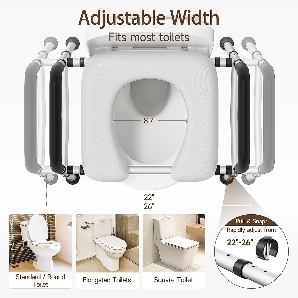 WAYES Raised Toilet Seat With Handles for Seniors - Toilet Seat Extension, Fit Most Toilet, Up to 400 Lbs, Adjustable Height & Width