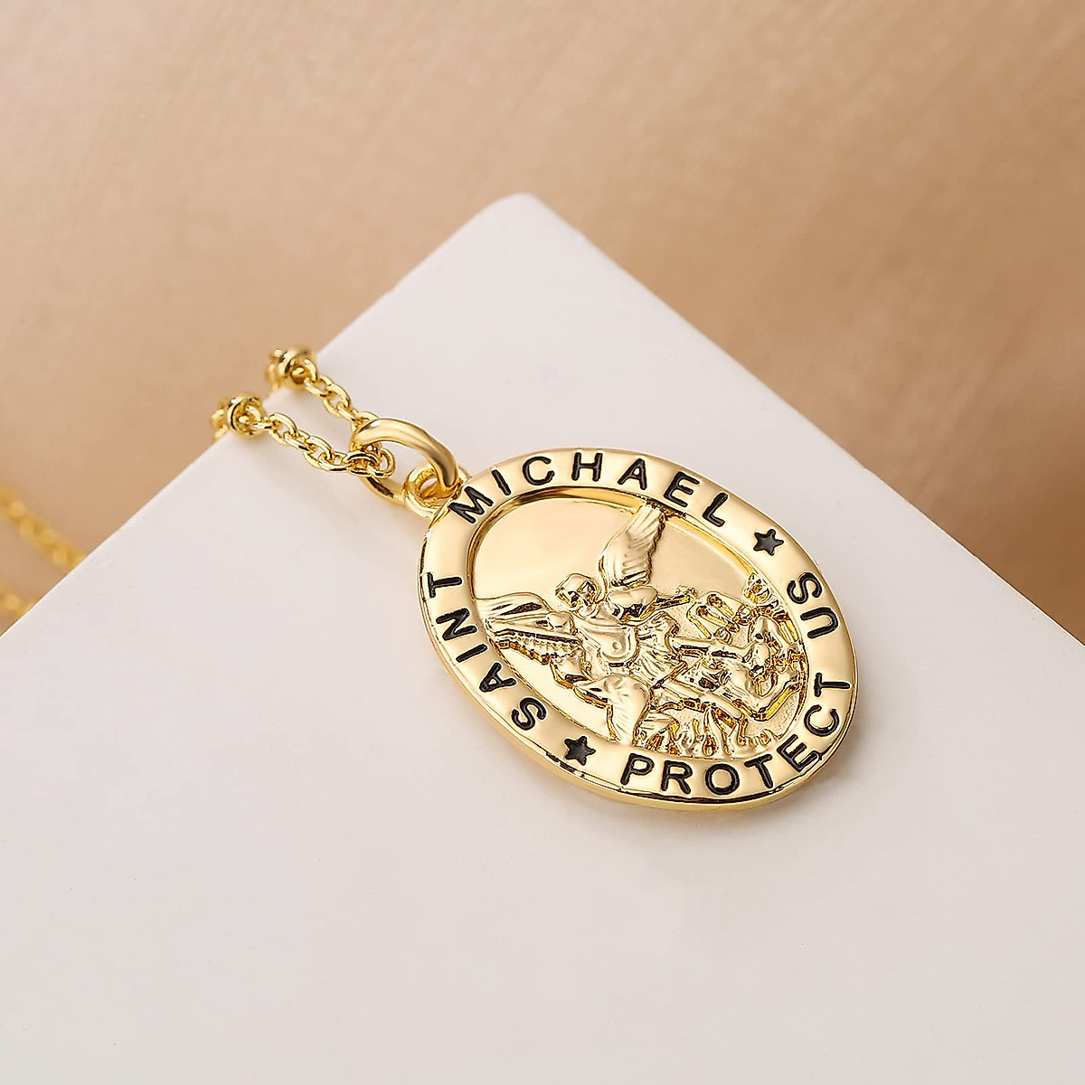 Saint Michael Pendant Necklace for Women St Michael Medal Chain The Archangel Protect Us Catholic First Communion Confirmation Protection Jewelry Gifts (Gold Michael)