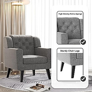 Accent Chair Living Room Chairs Single Sofa Chair, Accent Chairs Arm Chairs with Button Tufted Linen Fabric, Mid Century Accent Arm Chairs Comfy Reading Lounge Club Armchair for Bedroom Office Study