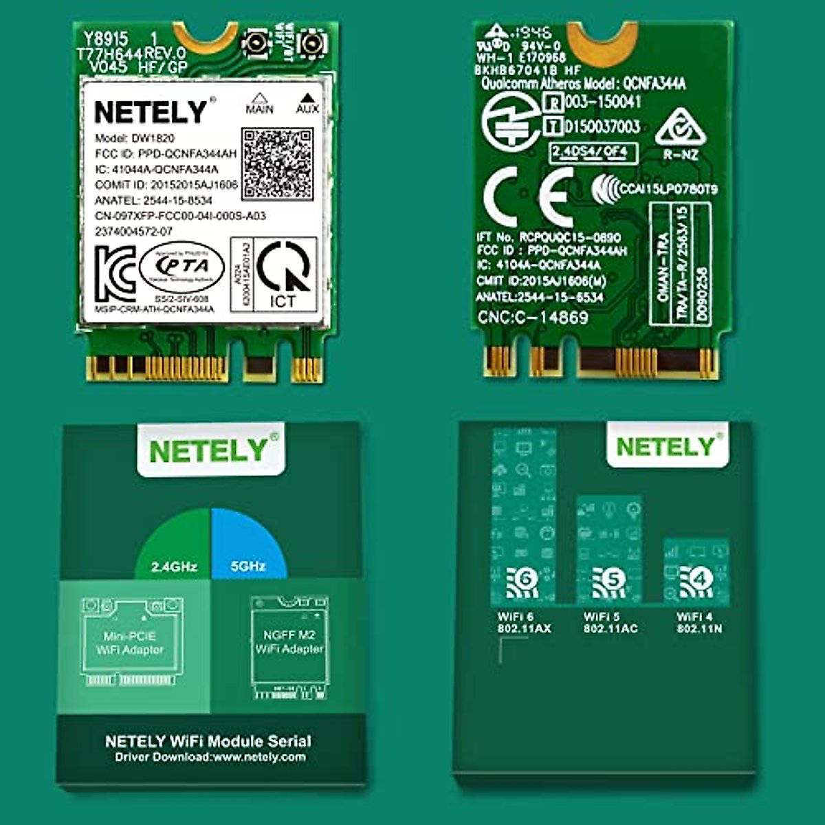 NETELY IEEE 802.11AC NGFF M2 Interface 1200Mbps Dual Band WiFi Adapter for Laptop PCs, NGFF M2 WiFi Card with Bluetooth 4.2, OEM DELL Wireless Network Adapter DW1820