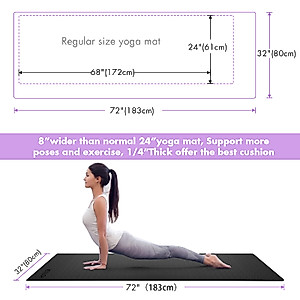HOTIOGA Yoga Mat with Carrying Strap 72x32" & 1/4 Inch Thick Exercise Mat with Double Non Slip Surfaces for Men and Women Home Exercise (Black, 1/4 INCH THICK)