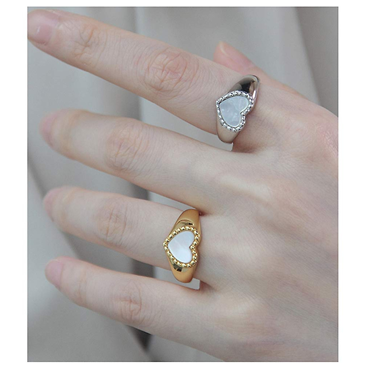 Vintage Heart S925 Sterling Silver Ring for Women Dainty Engagement Promise Love Expandable Open Finger Statement Stacking Rings Adjustable Fashion Valentine Mother's Day Shell Pearl Gold