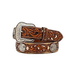 ARIAT Men's Belt Calf Hair Tooled Tabs Round Conchos, Size 42, Brown