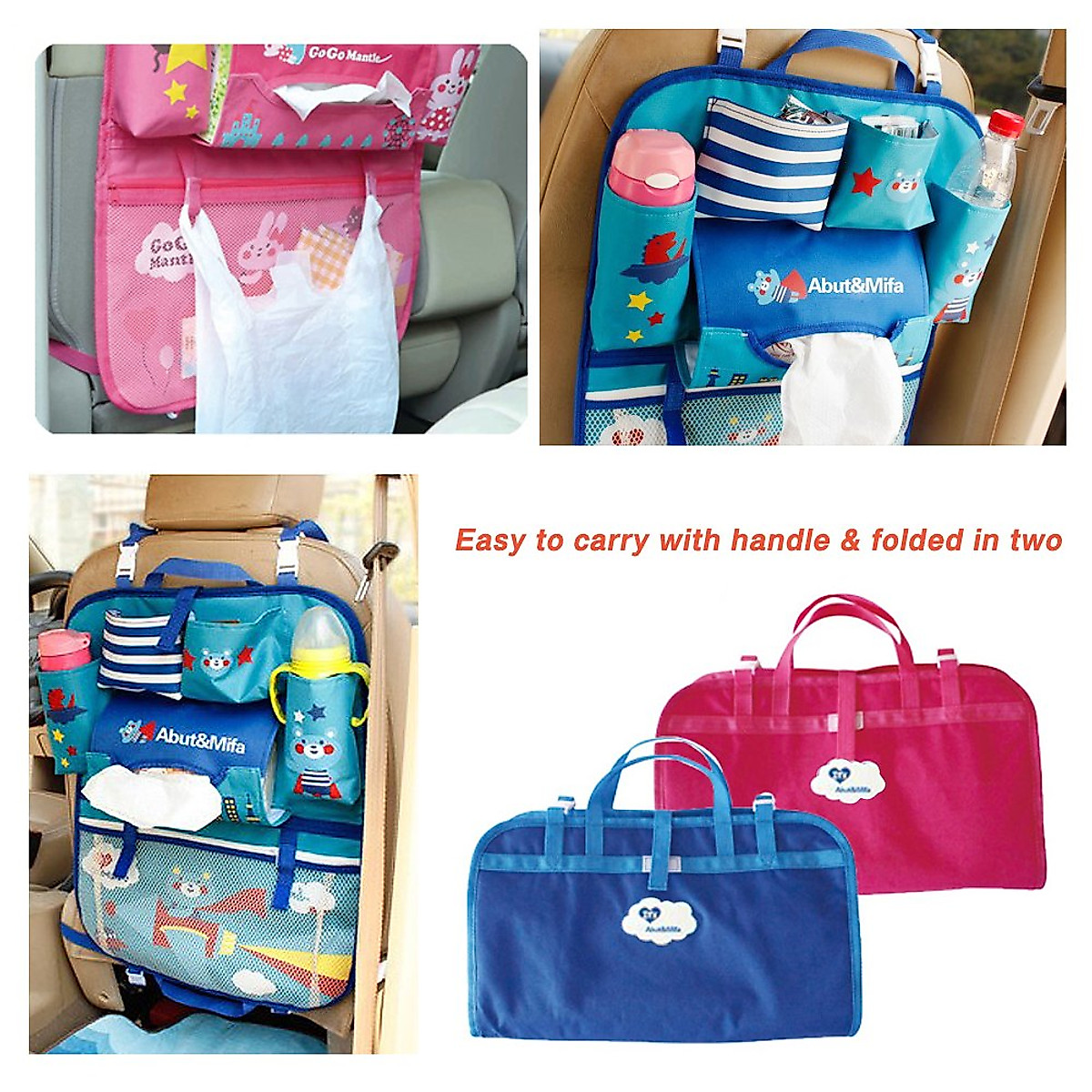 Car Backseat Organizer Kick Mats - Auto Seat Back Protector Kids Toy Storage Rabbit