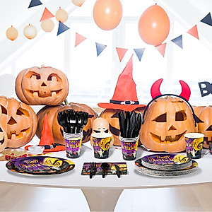 Halloween Party Supplies, Halloween Birthday Plates and Napkins Set, Disposable Paper Plates Napkins Cups Knives Spoons Forks for Kids Boy Girl Halloween Theme Birthday Party Decorations, Serve 25