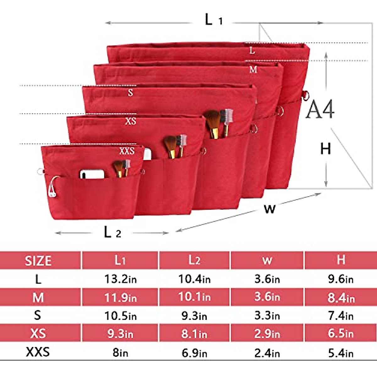 VANCORE Purse Bag Organizer Insert with 13 Pockets, Handbag and Tote Bag Inside Shaper with Zipper (Red, XXSmall)
