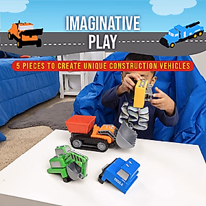 POPULAR PLAYTHINGS Magnetic Build-a-Truck Construction Set of 4 Construction Vehicles with Real Construction Site Sounds