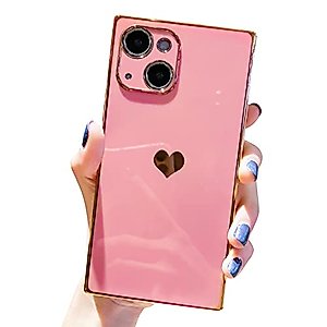 Tzomsze Square iPhone 13 Case, Cute Full Camera Protection & Electroplate Reinforced Corners Shockproof Edge Bumper Case Compatible with iPhone 13 [6.1 inches] -Candy Pink