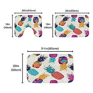 Kntiline Pineapple Bathroom Rugs and Mess Colorful Graffiti Mats Sets 3 Piece, Velvet Memory Foam Tropical Fruit Theme Bath Mat, Large Small and U-Shaped Contour Shower Mat Non-Slip Washable